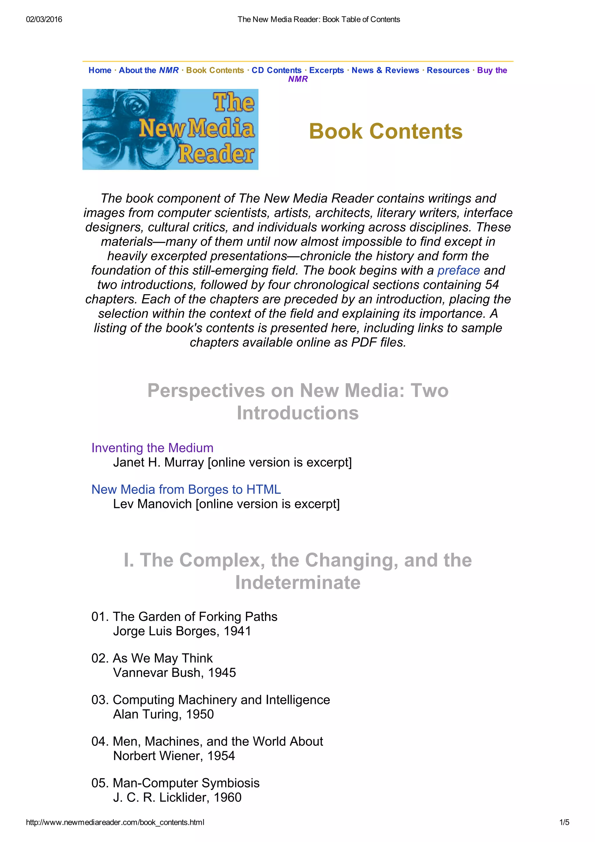 The new media reader book table of contents | PDF