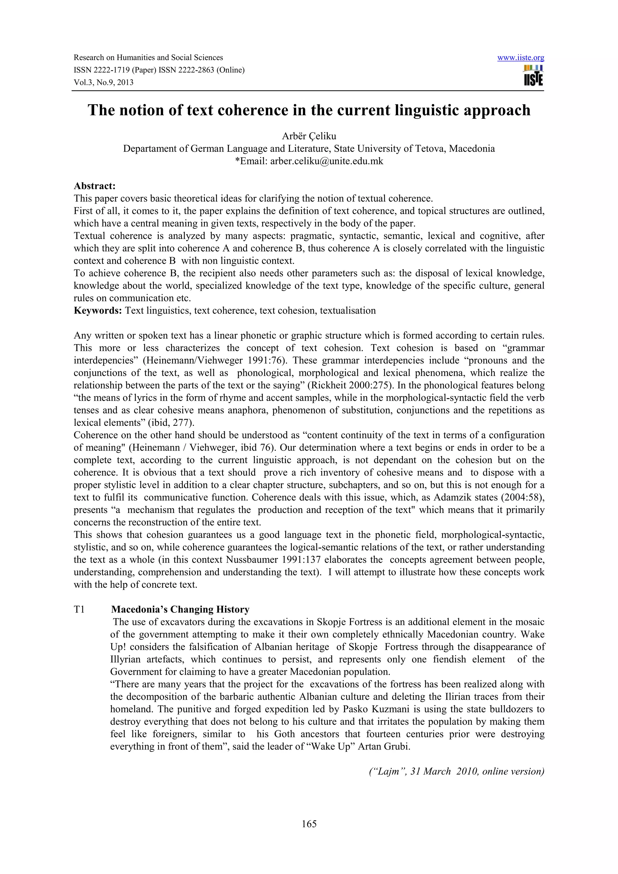 The notion of text coherence in the current linguistic approach | PDF