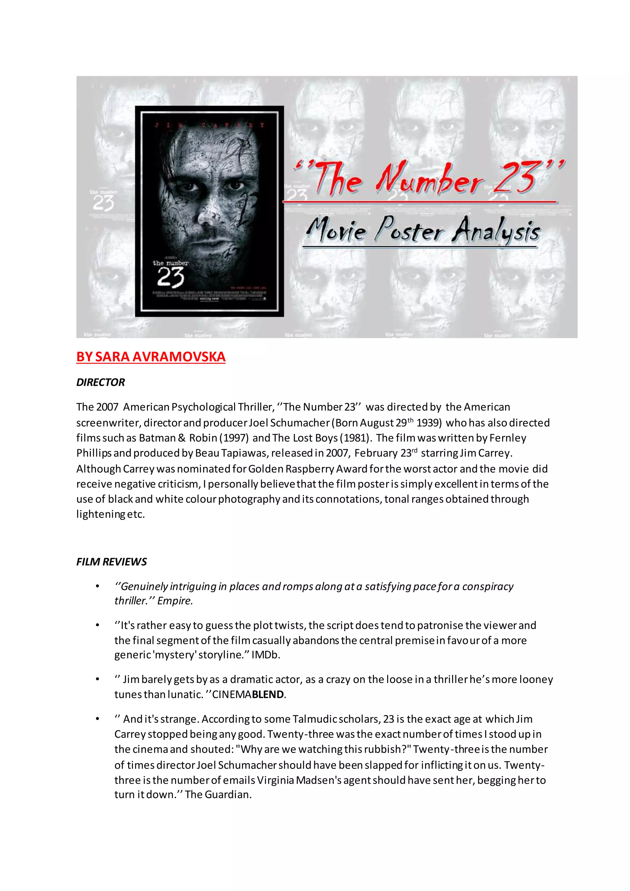 'The number 23' movie poster analysis 2 | PDF