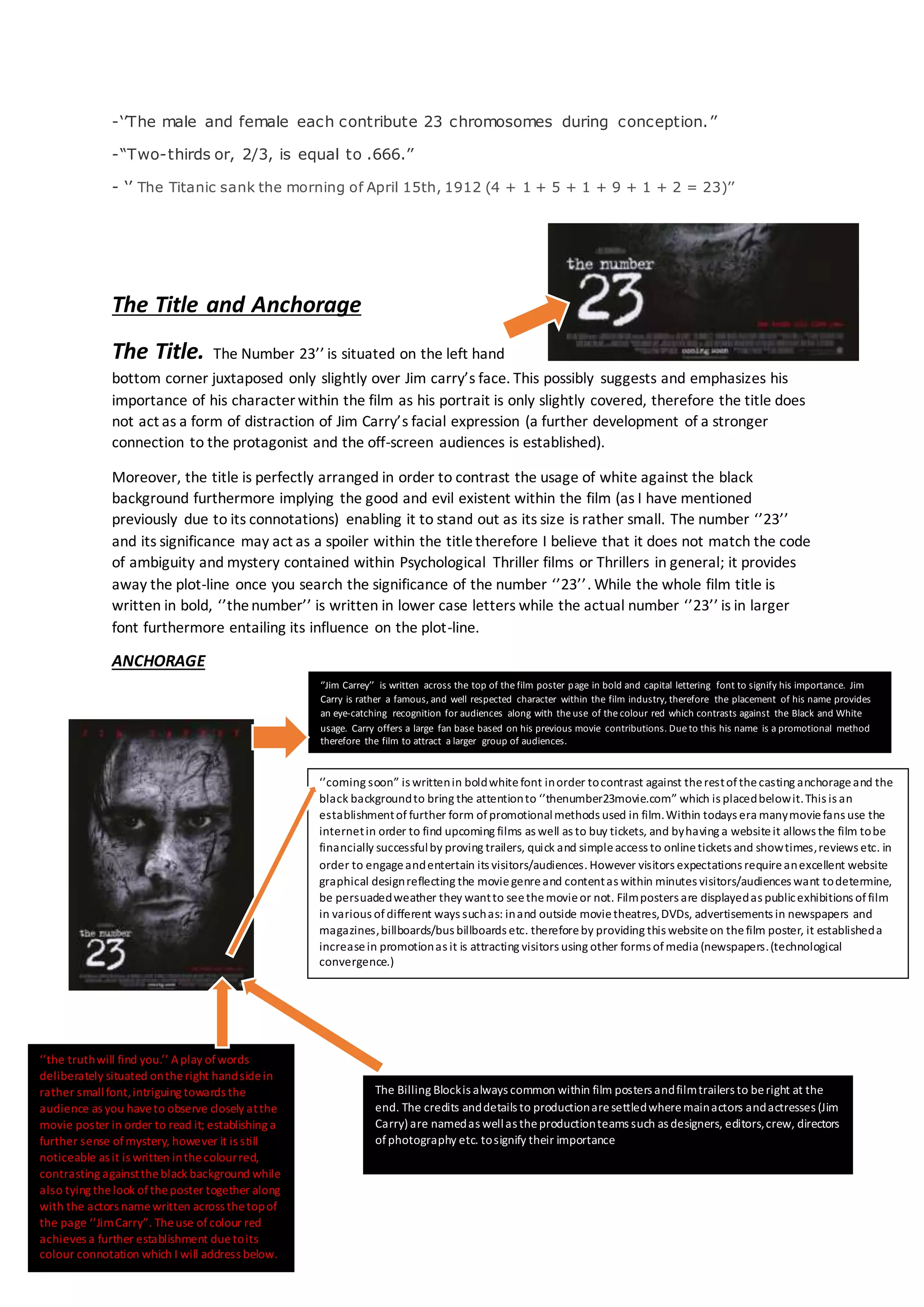 'The number 23' movie poster analysis 2 | DOCX