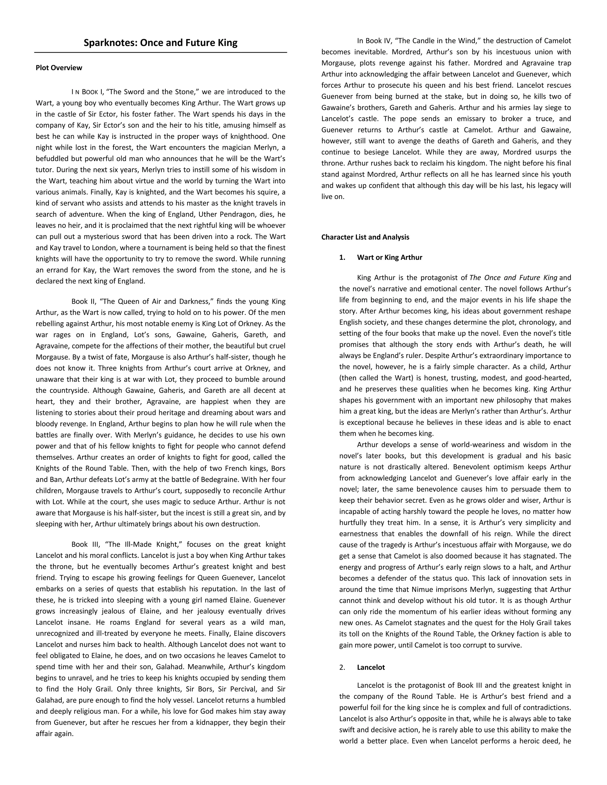 The once and future king summary sparknotes | DOCX