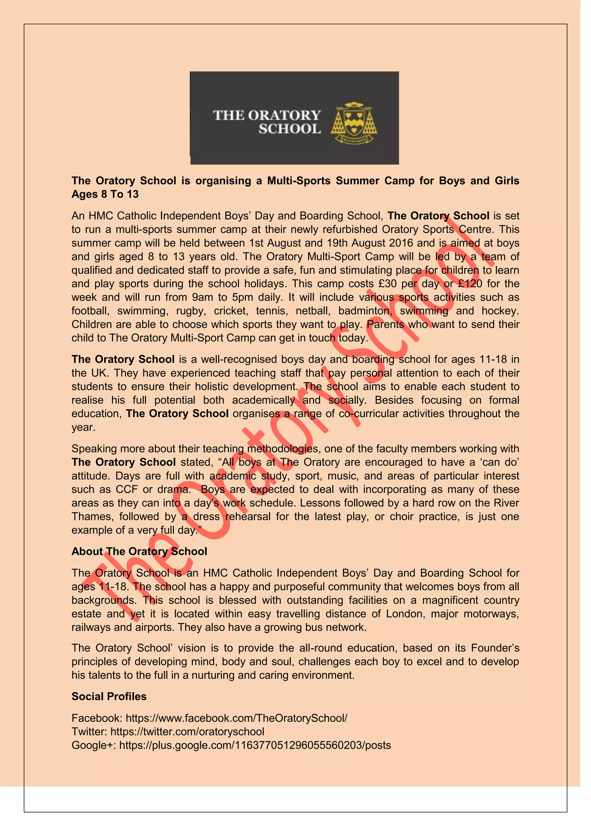 The oratory school is organising a multi sports summer camp for boys and girls ages 8 to 13 | PDF