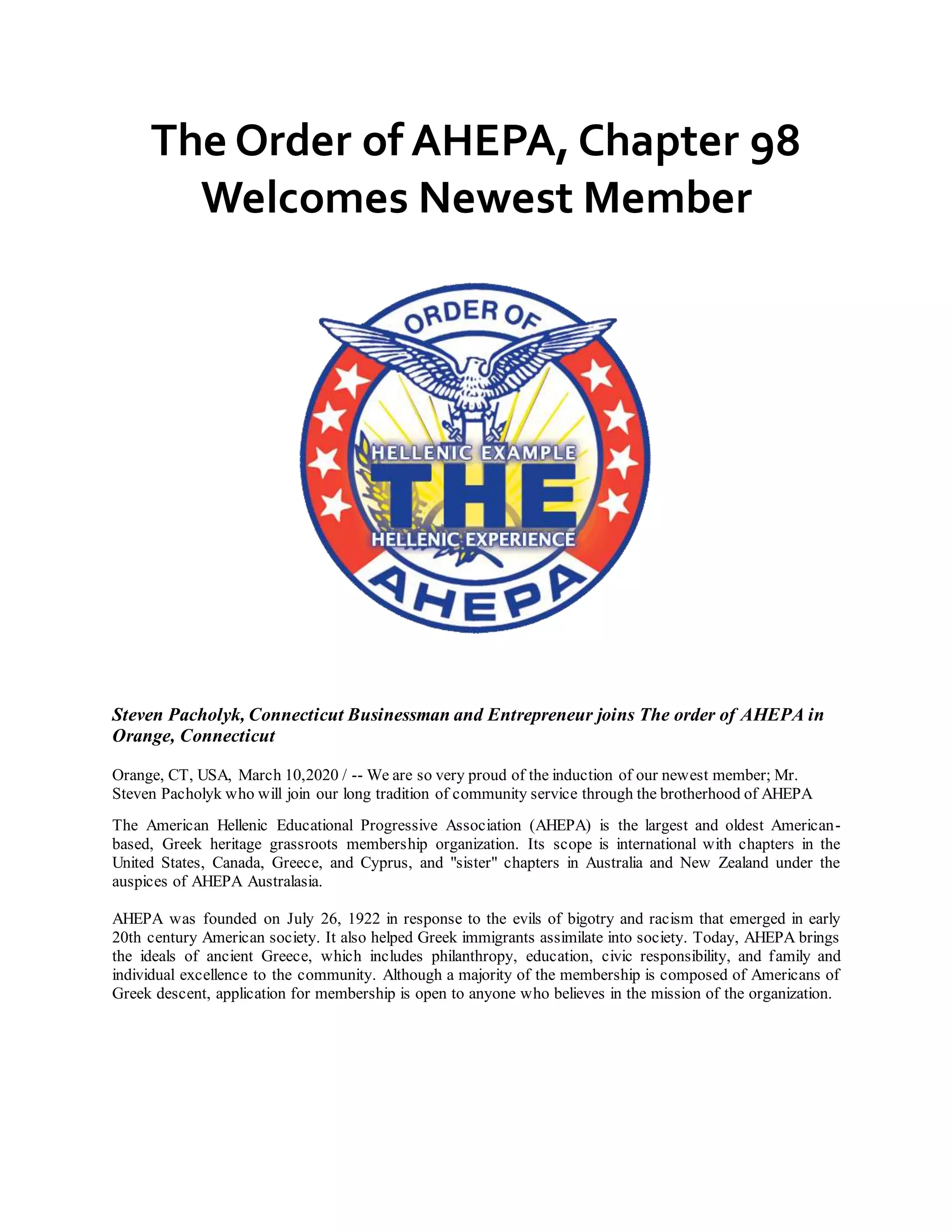 The Order of Ahepa, Chapter 98 Welcomes Newest Member | Steven Pacholyk ...