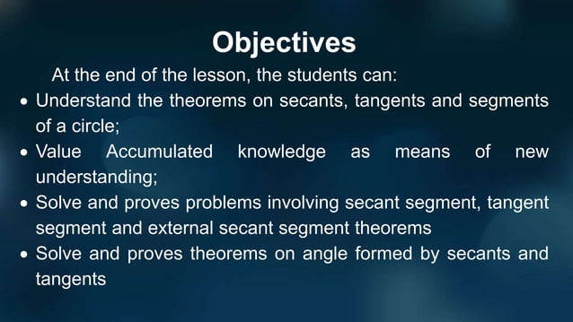 theorems on tangents, Secants and segments of a circles 1.pptx | Physics | Science