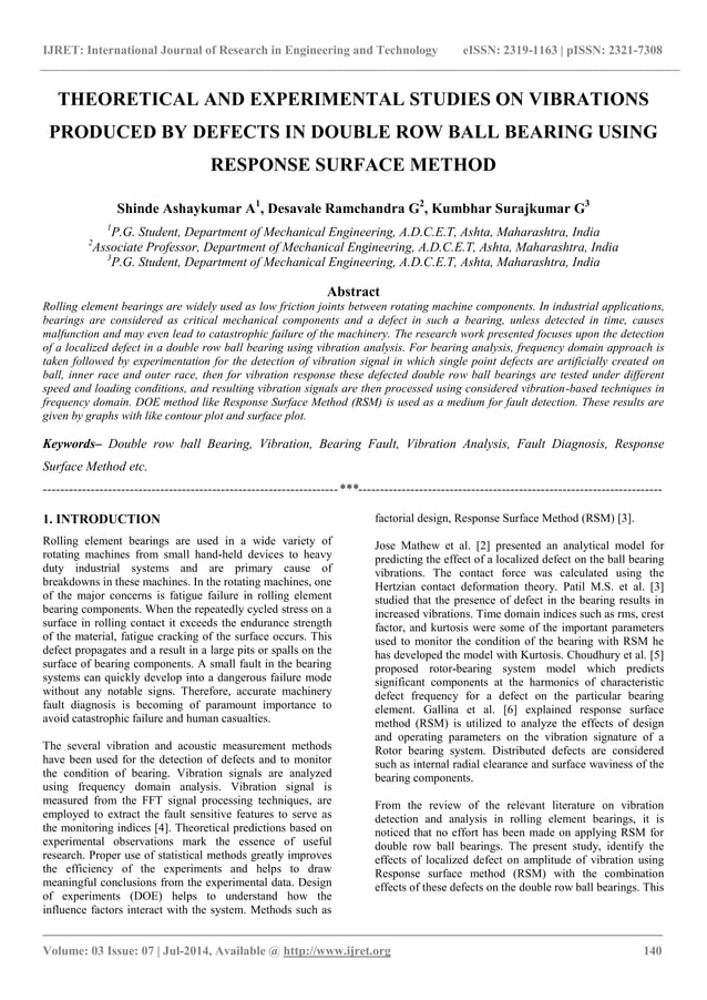 Theoretical and experimental studies on vibrations produced by defects in double row ball ...