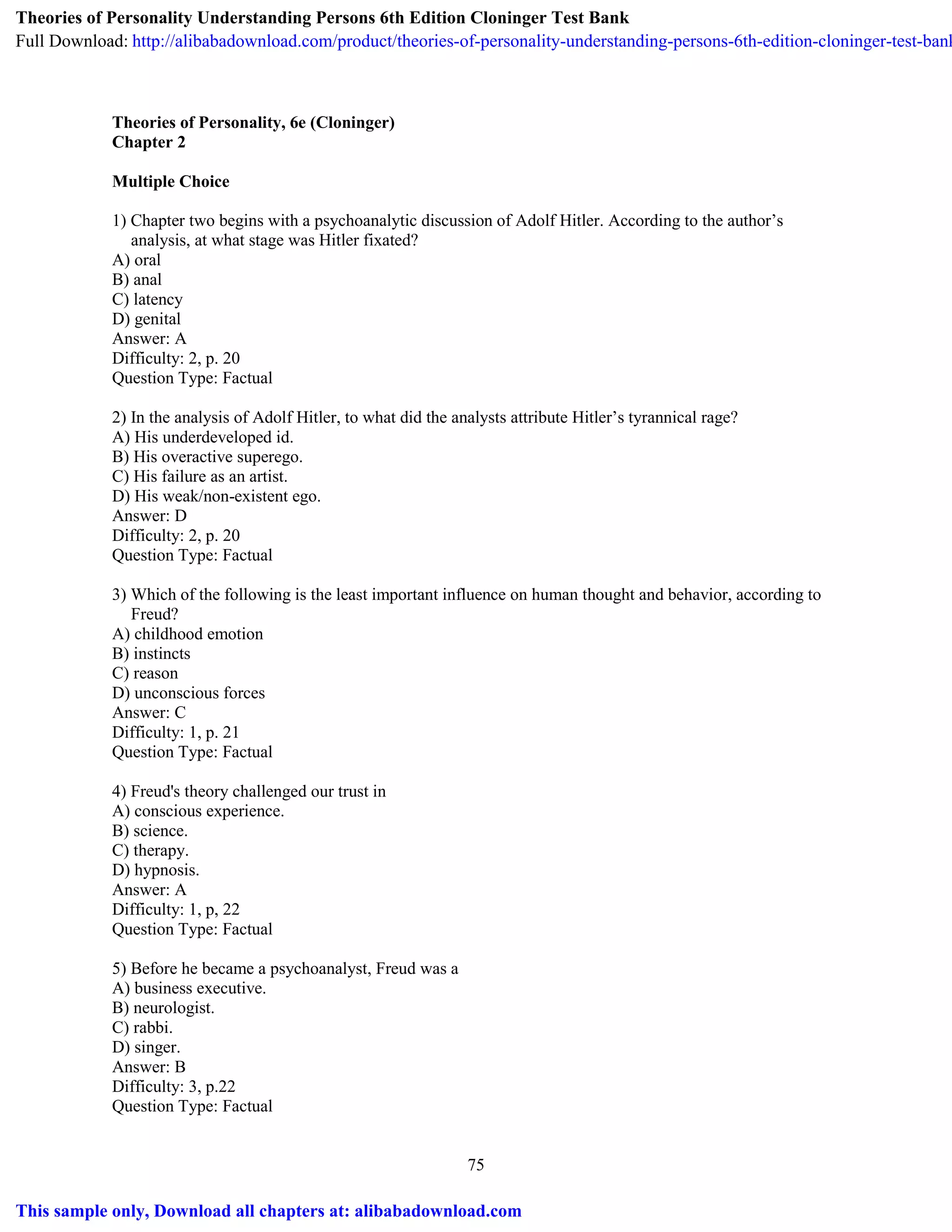 Theories of Personality Understanding Persons 6th Edition Cloninger ...