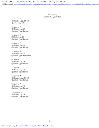 Theories of Personality Understanding Persons 6th Edition Cloninger ...