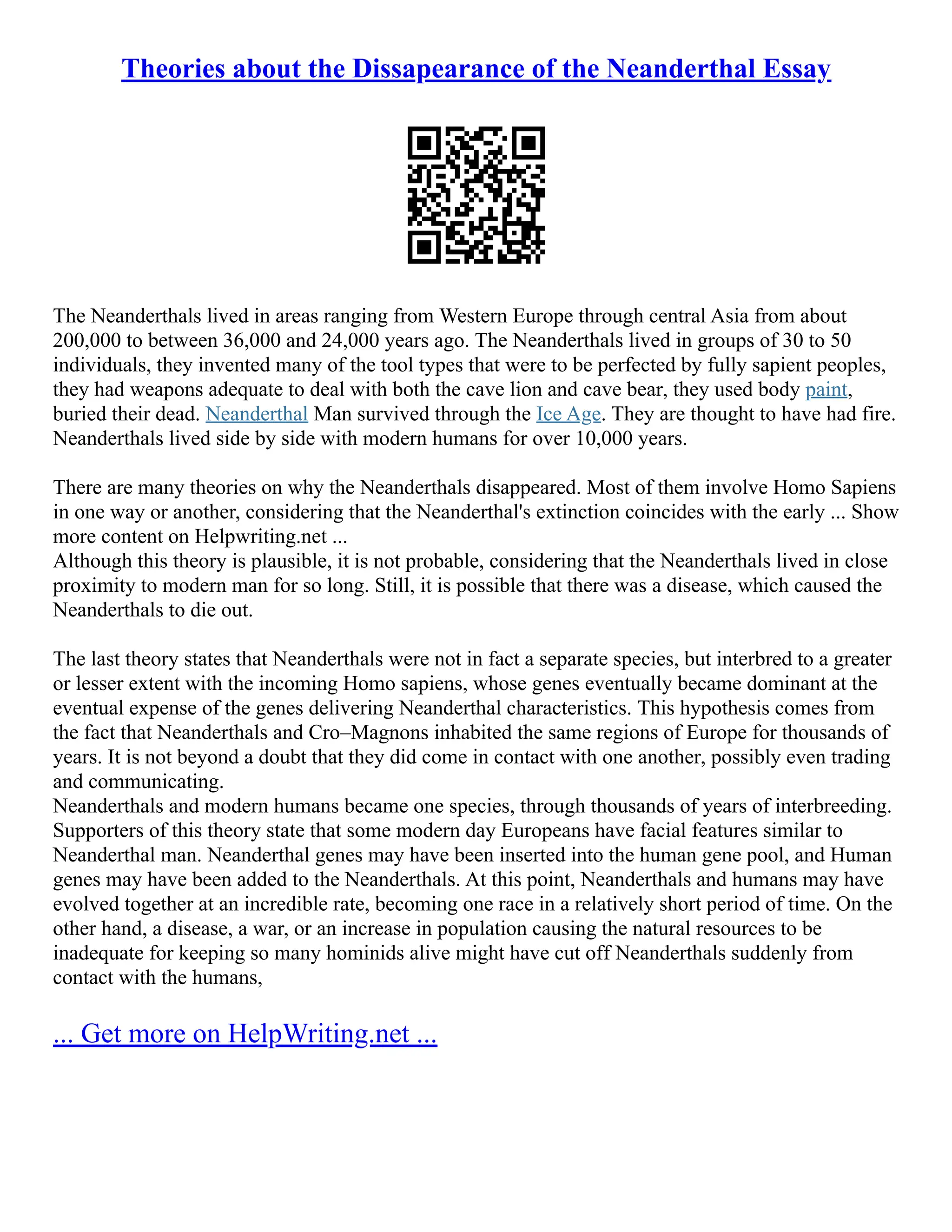 Theories About The Dissapearance Of The Neanderthal Essay | PDF