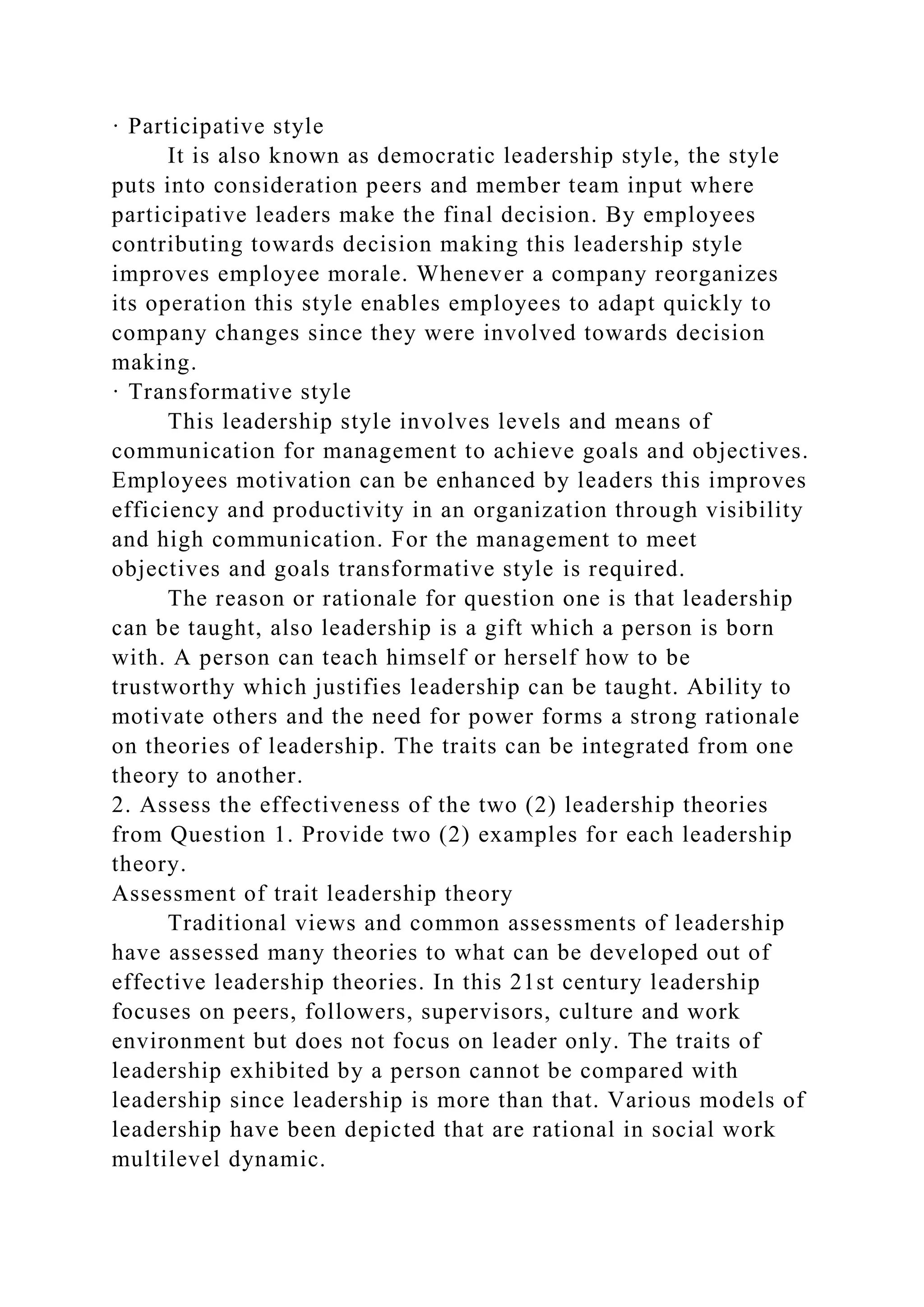 Theories of leadership 1Determine two (2) leadership theorie.docx