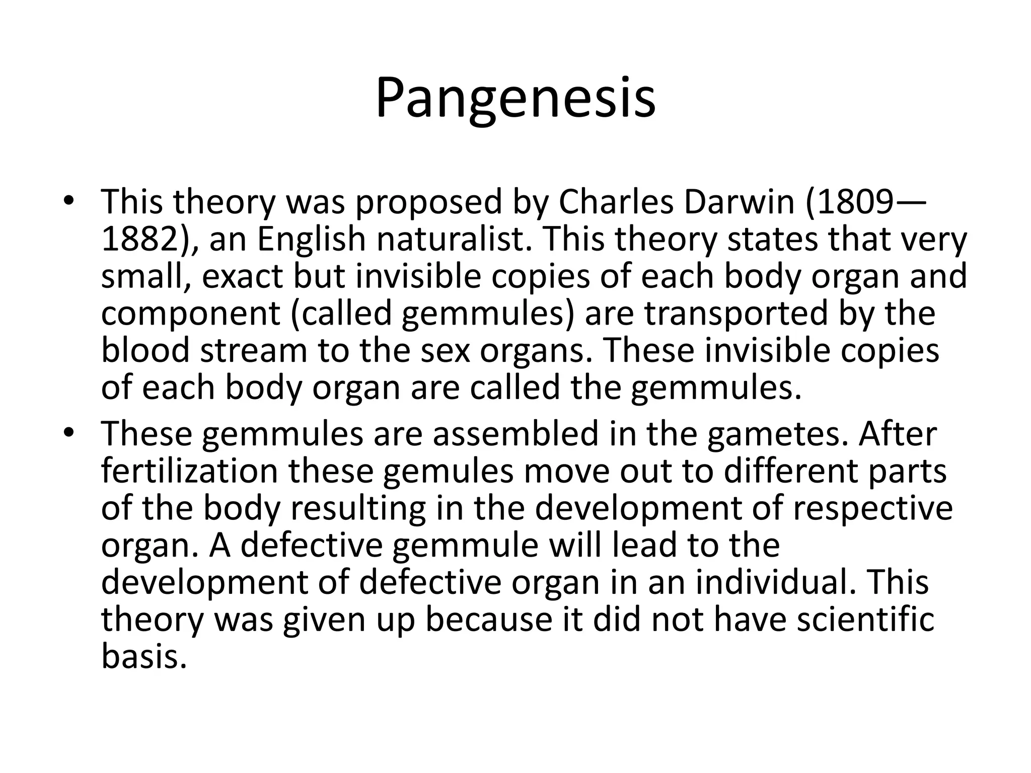 Theories of preformation, pangenesis, epigenesis, | PPTX