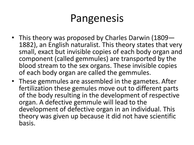 Theories of preformation, pangenesis, epigenesis, | PPTX | Biological ...