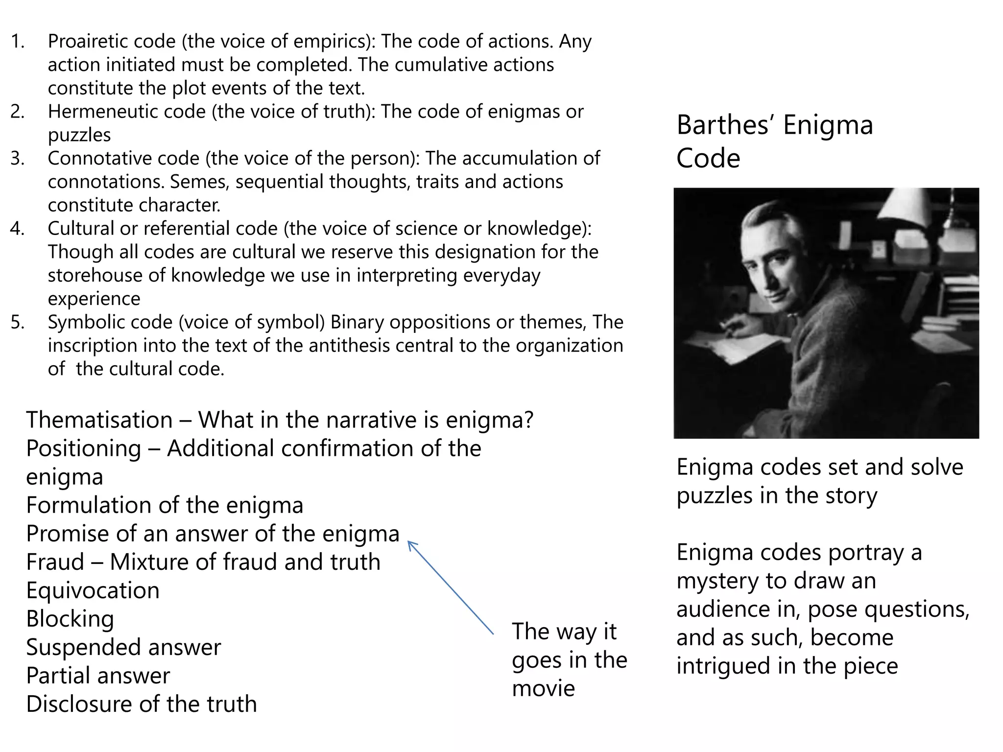 Barthes' Enigma Code, Binary Oppositions and Equilibrium | PPTX