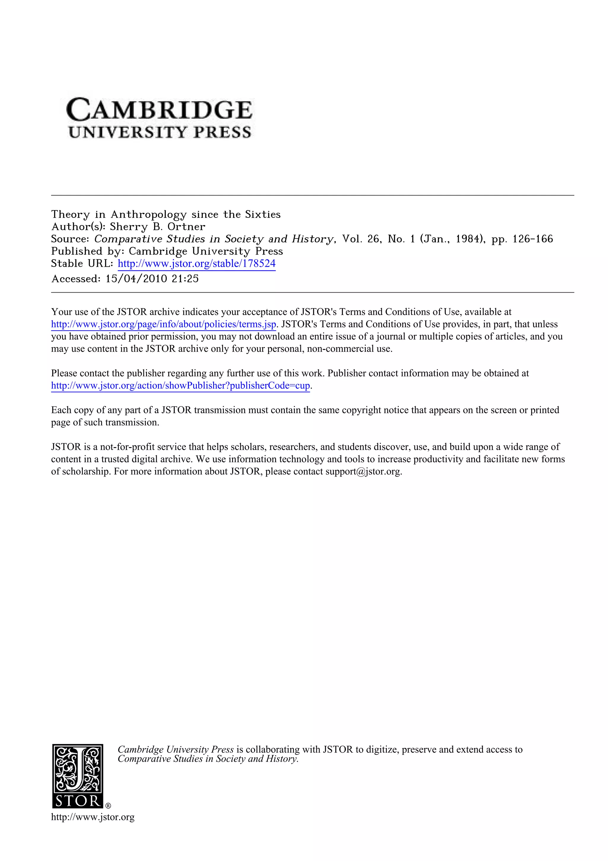 Theory in anthropology since the sixties sherry ortner | PDF