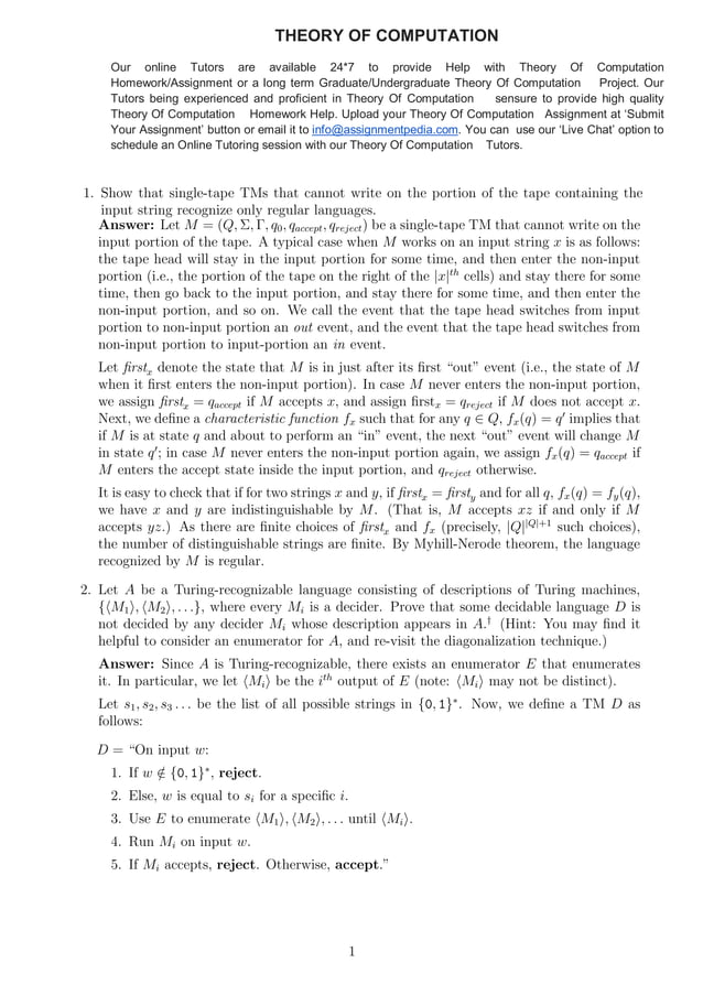 Theory of computation homework help | PDF