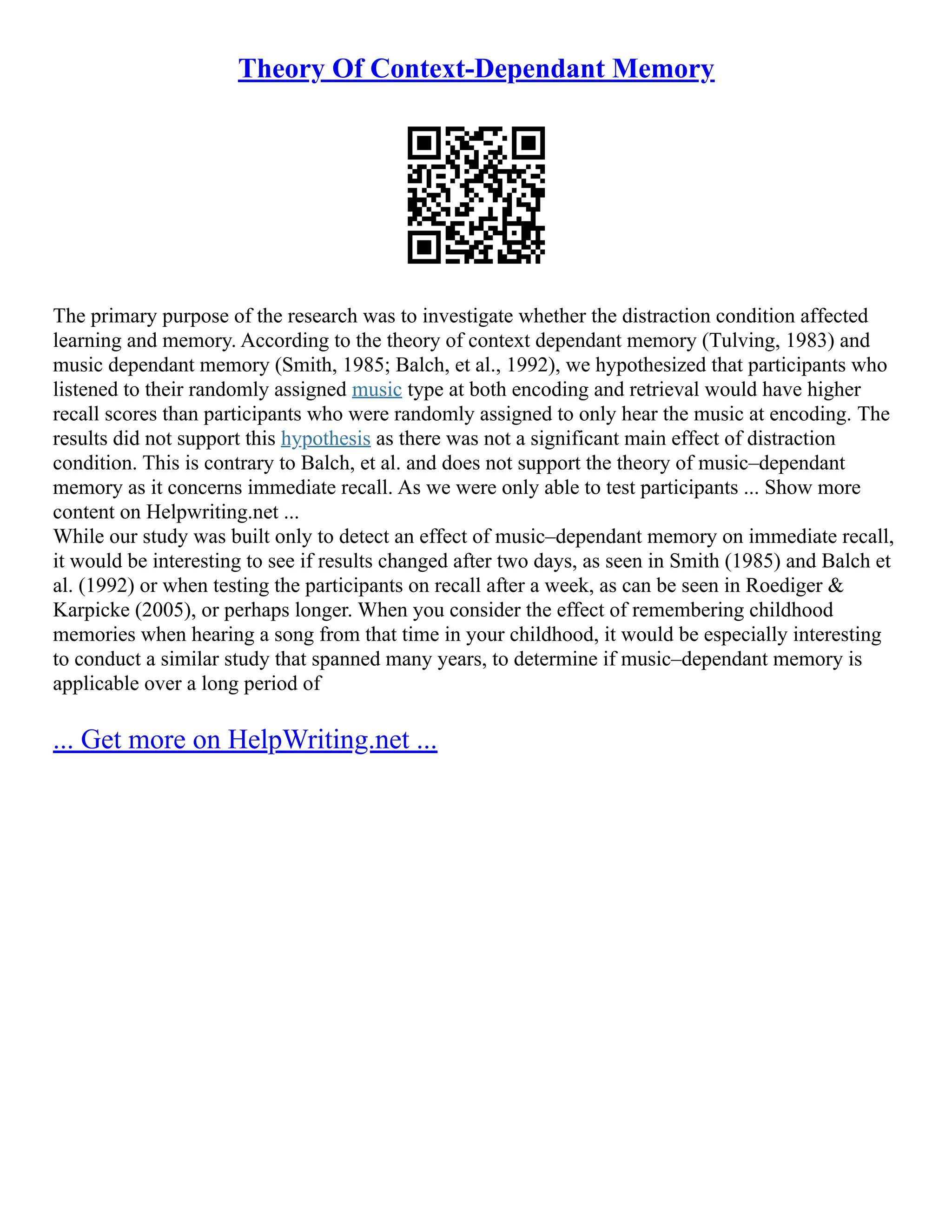 Theory Of Context-Dependant Memory | PDF