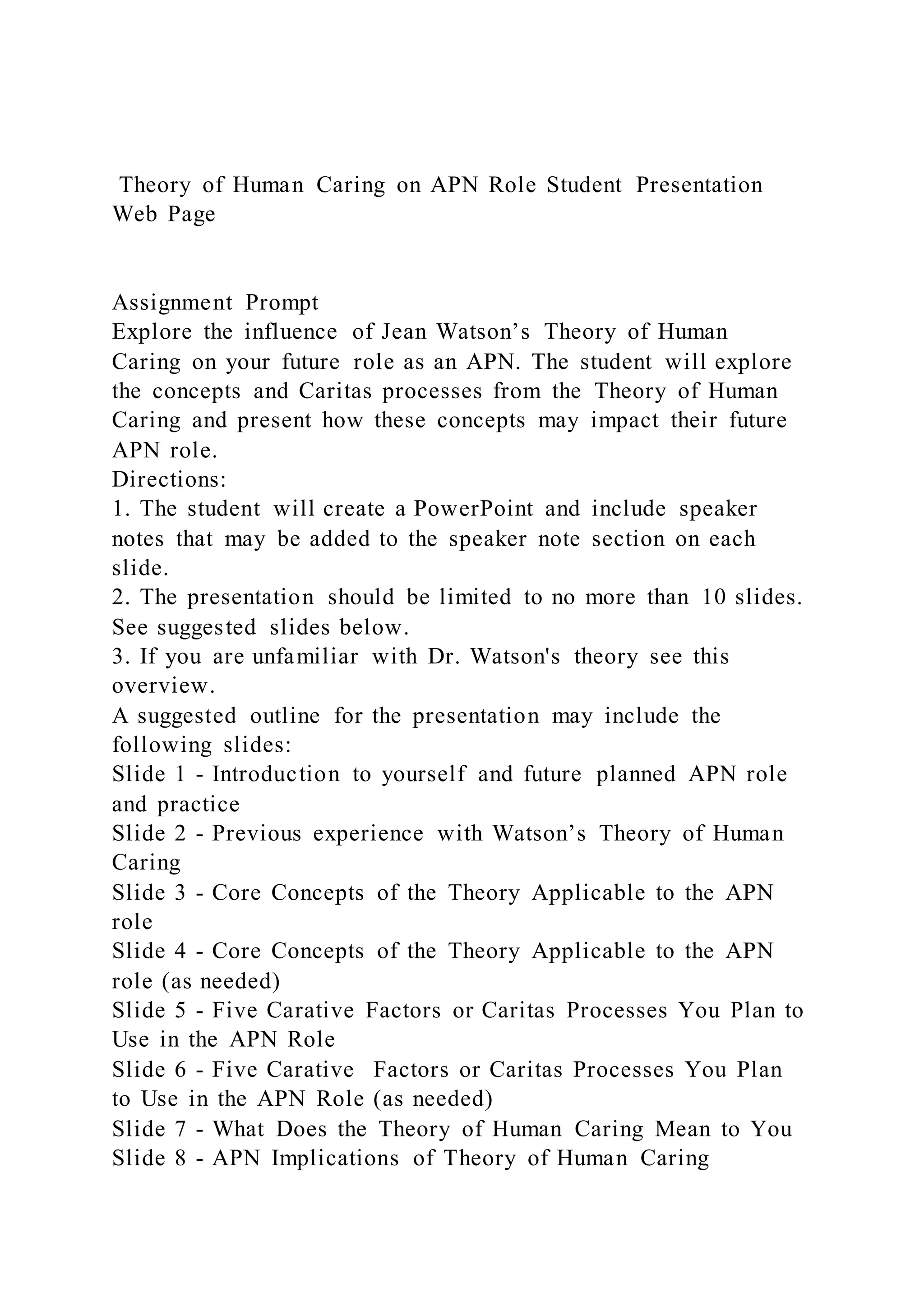 Theory of Human Caring on APN Role Student PresentationWeb Page | DOCX