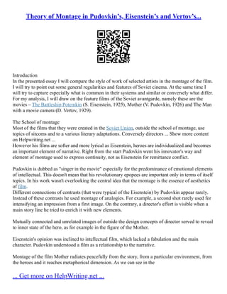 Theory Of Montage In Pudovkin’S, Eisenstein’S And Vertov’S... | PDF