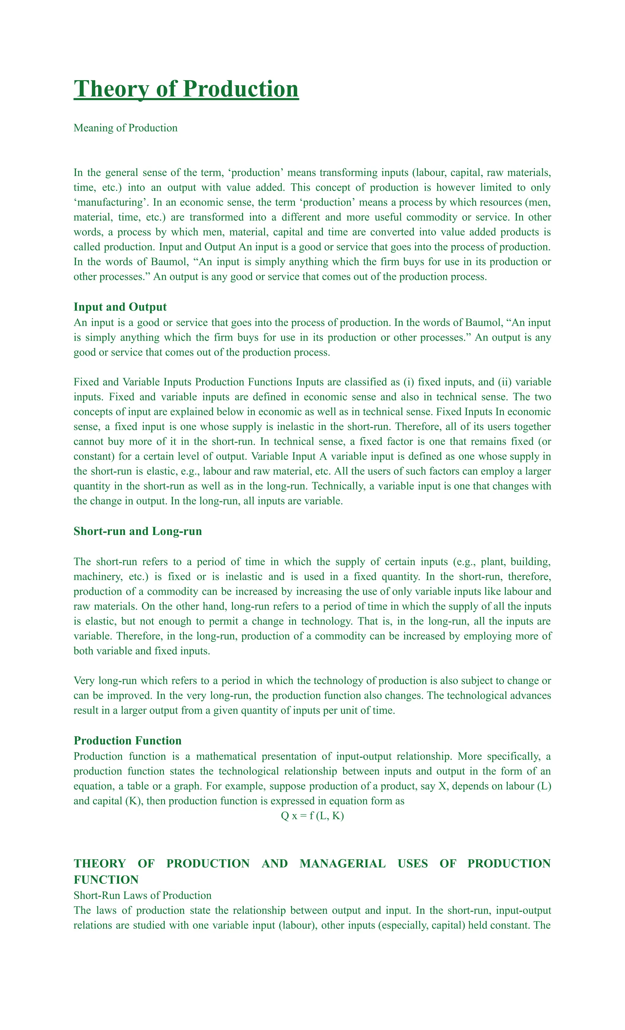 Theory of Production and Production Function in Microeconomics | PDF