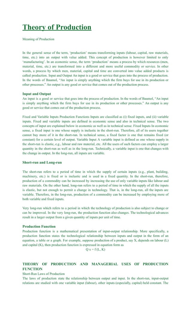 Theory Of Production And Production Function In Microeconomics Pdf