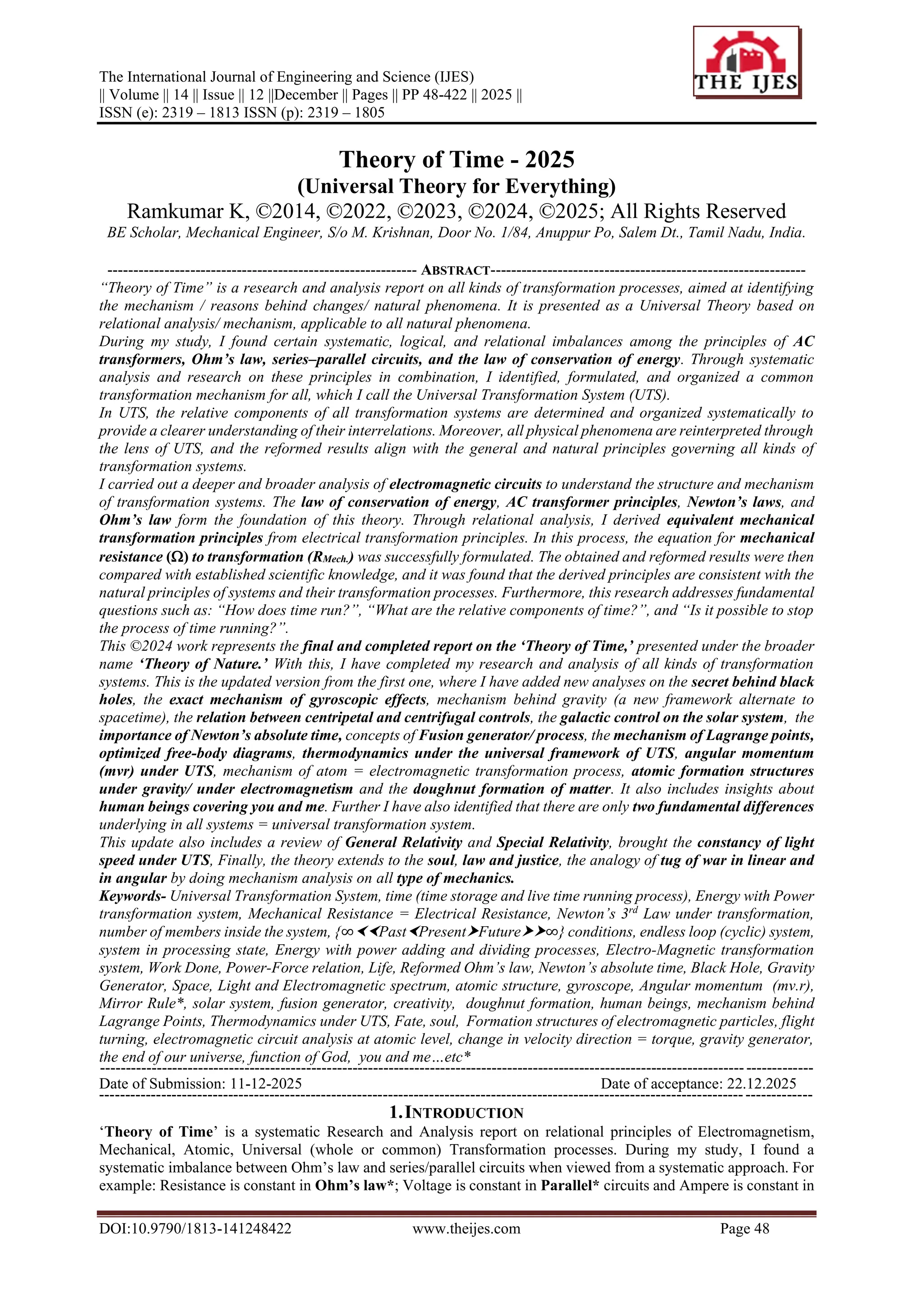 Theory of Time 2025 (Universal Theory for Everything) Ramkumar K | PDF