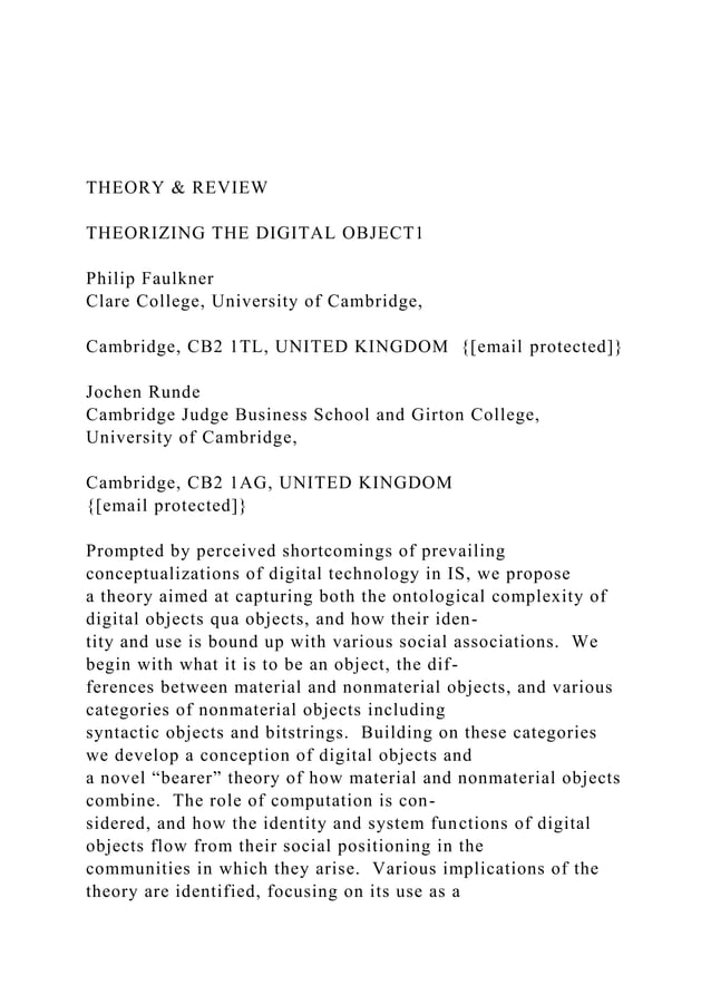THEORY & REVIEWTHEORIZING THE DIGITAL OBJECT1Philip Fa.docx