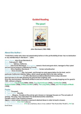 The Pearl by John Steinbeck- Summary and Analysis | DOCX