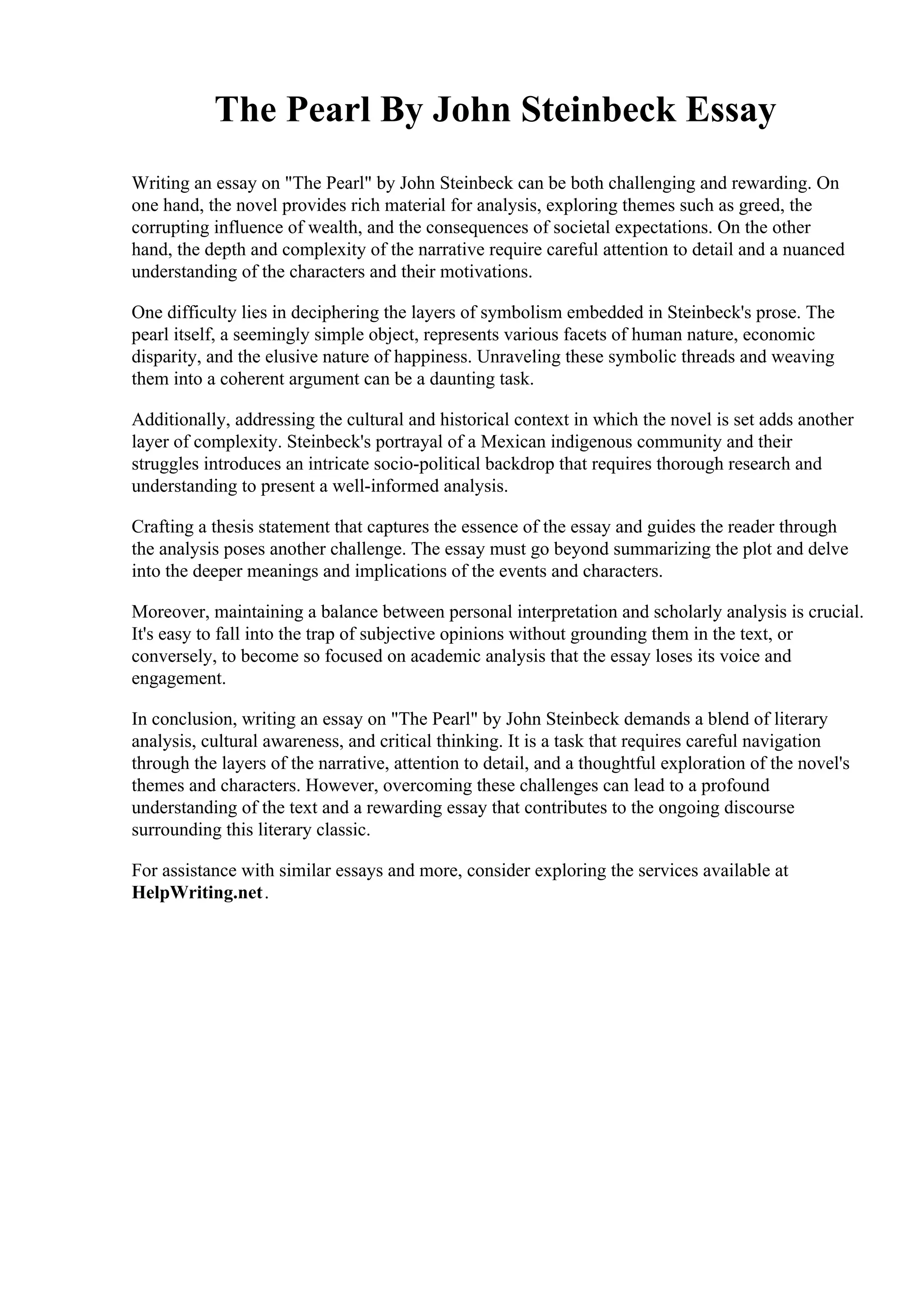 The Pearl By John Steinbeck Essay. Sussex County Community College | PDF