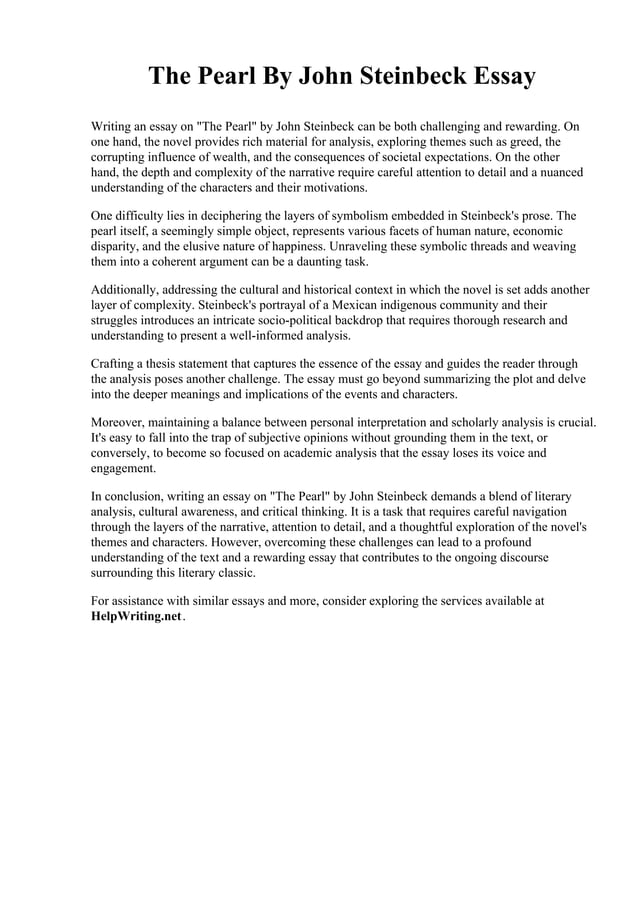 The Pearl By John Steinbeck Essay. Sussex County Community College | PDF