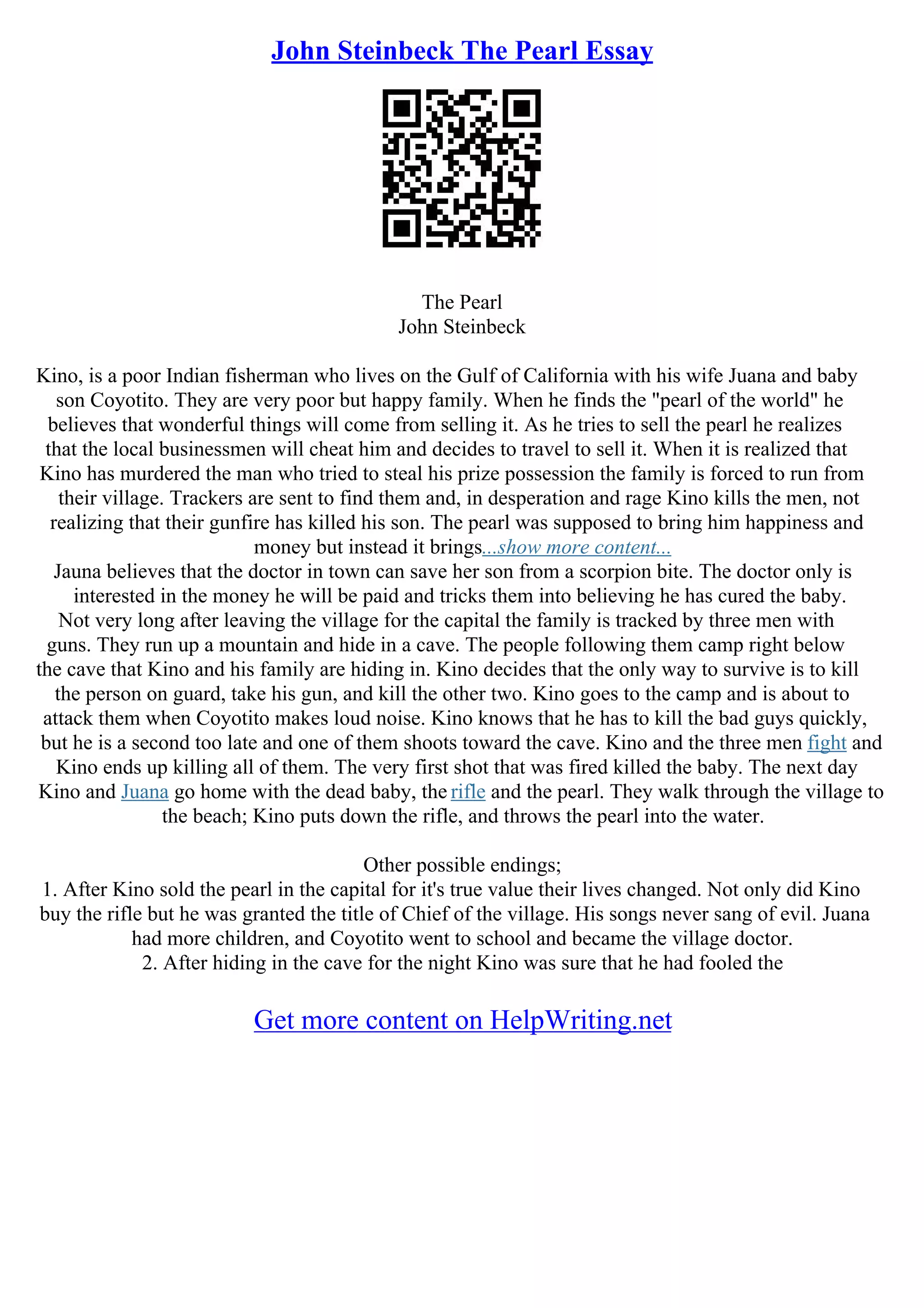 The Pearl John Steinbeck Essay | PDF