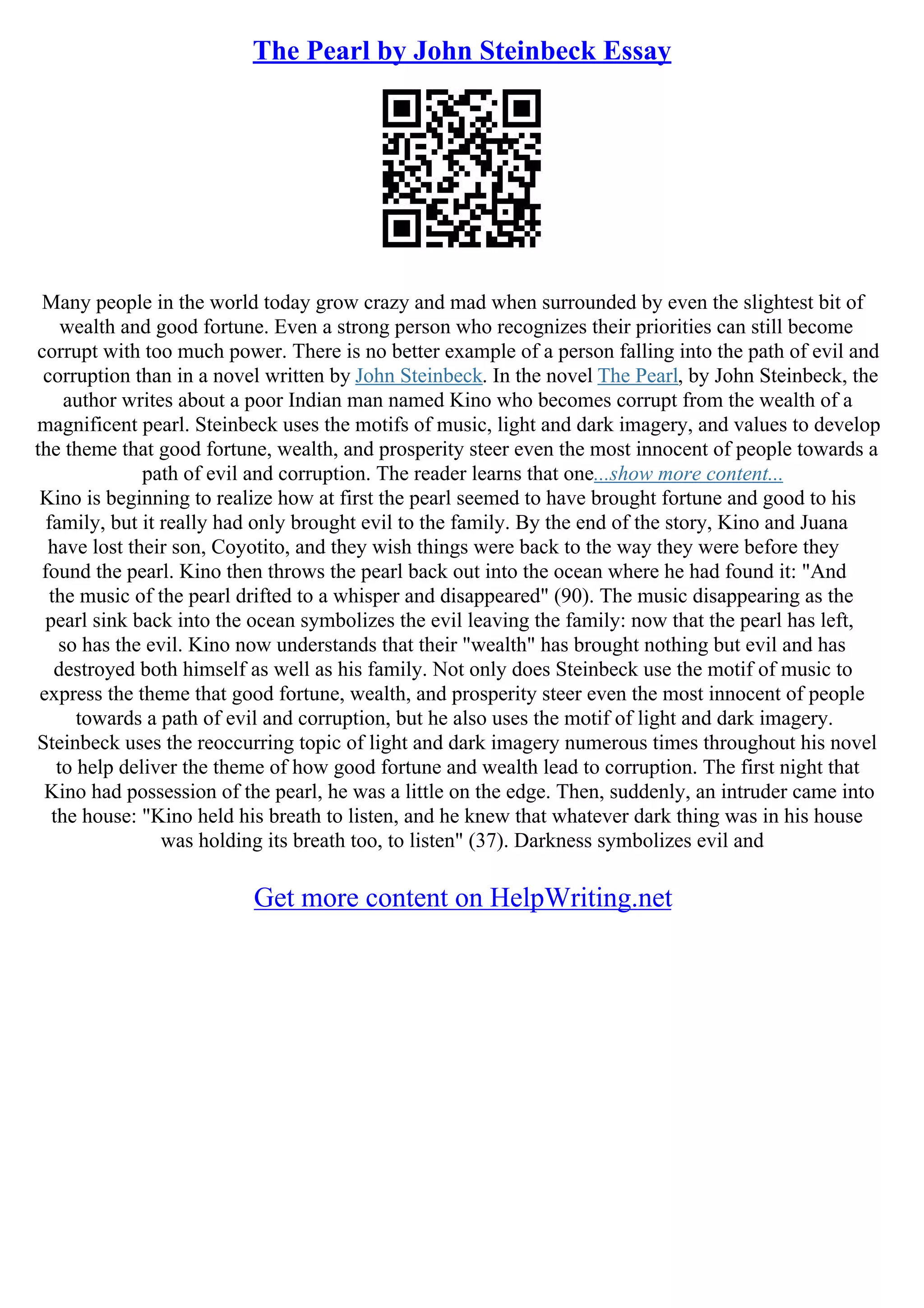 The Pearl John Steinbeck Essay | PDF | Hunting and Shooting | Sports