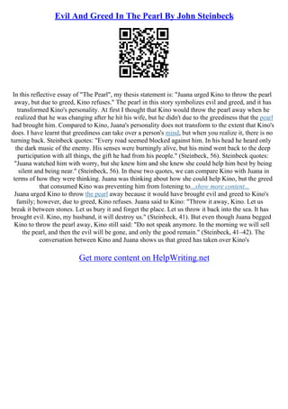 The Pearl John Steinbeck Essay | PDF