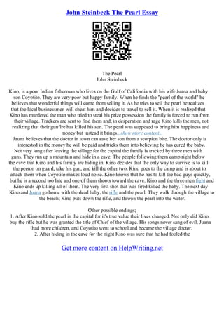 The Pearl John Steinbeck Essay | PDF | Hunting and Shooting | Sports