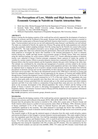 The perceptions of low, middle and high income socio economic groups in nairobi on tourist ...
