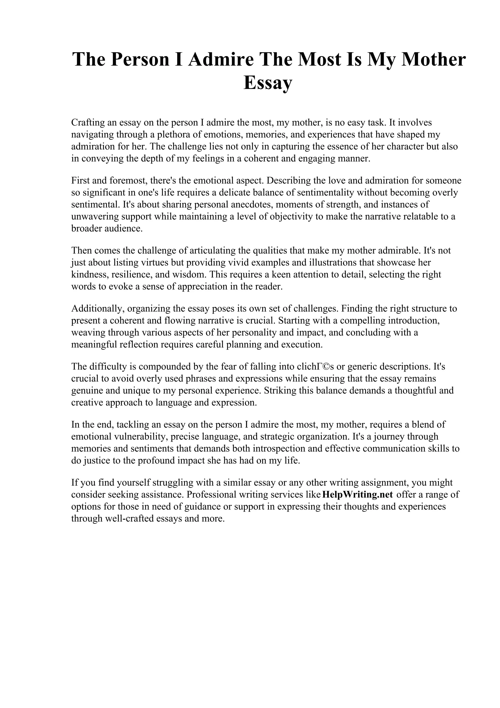 The Person I Admire The Most Is My Mother Essay | PDF