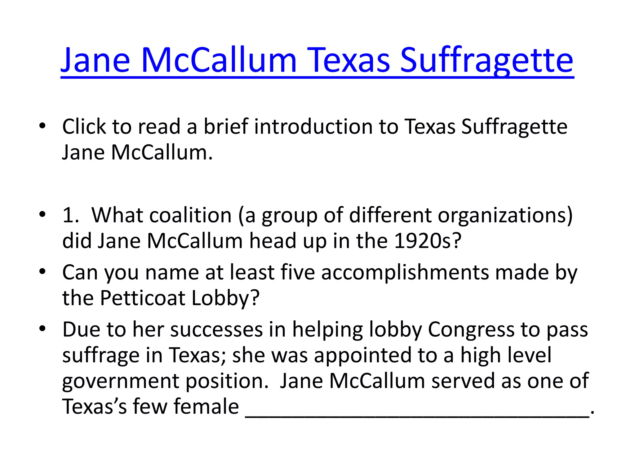 The petticoat lobby and jane mc callum | PPTX