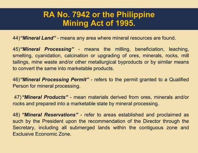 RA 7942:vThe Philippine Mining Act of 1995 | PPTX