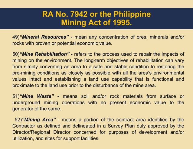RA 7942:vThe Philippine Mining Act of 1995 | PPTX