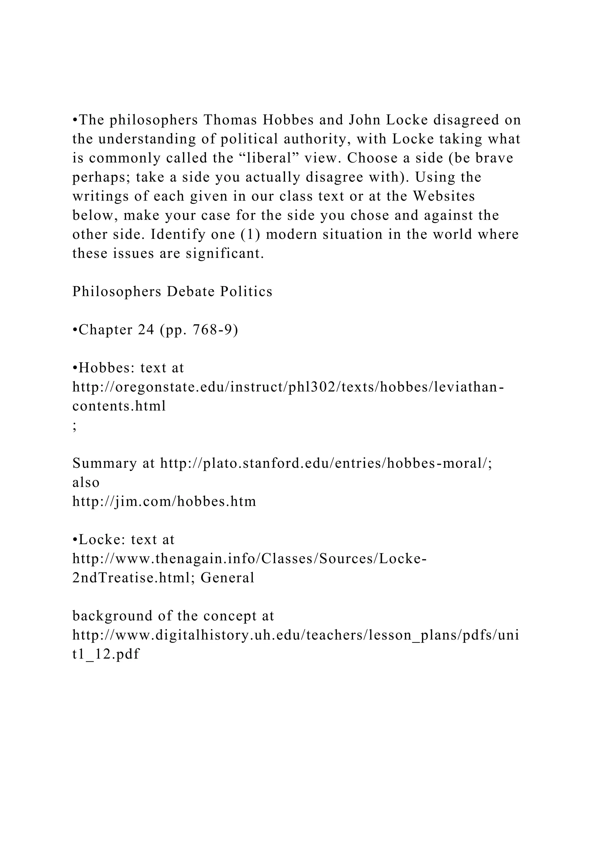 •The philosophers Thomas Hobbes and John Locke disagreed on the un.docx ...