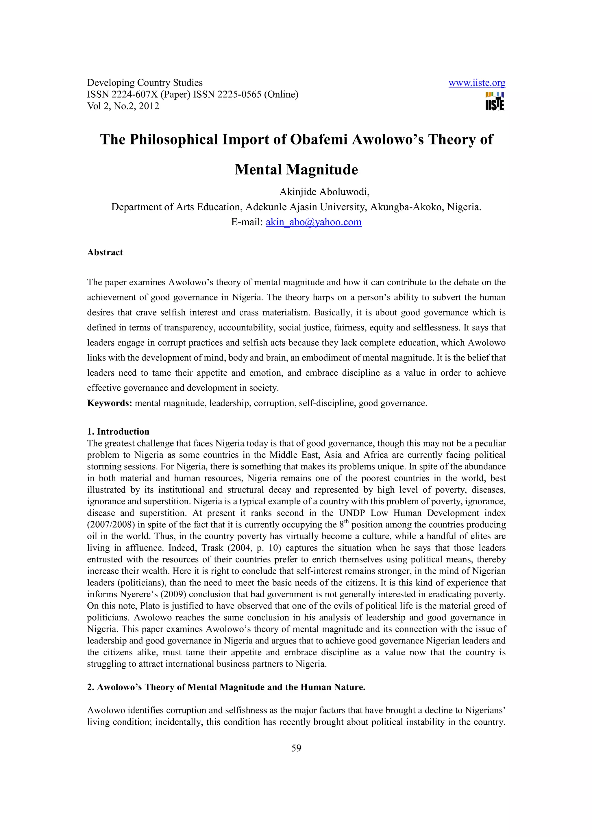 The philosophical import of obafemi awolowo抯 theory of mental magnitude | PDF