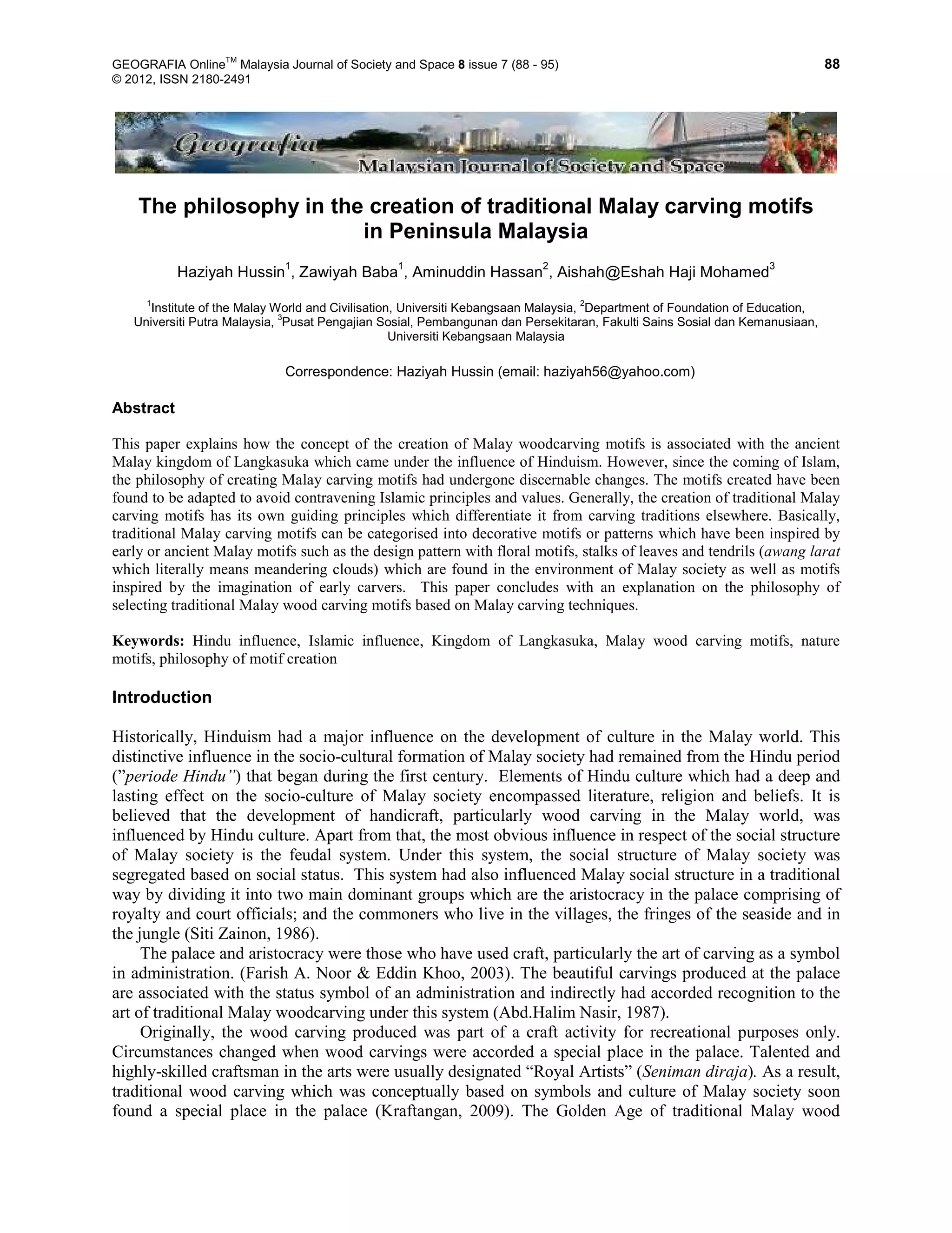 The philosophy in the creation of traditional malay carving motifs in ...