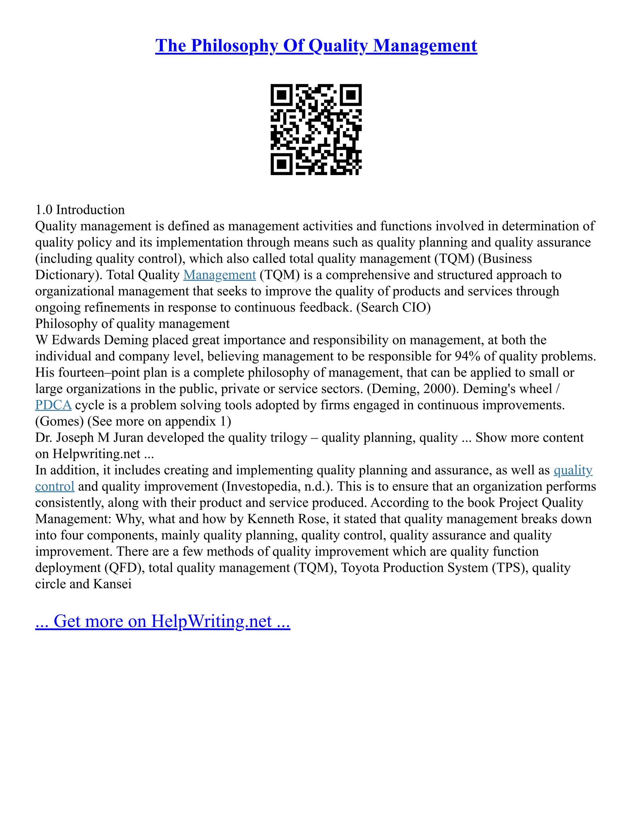 The Philosophy Of Quality Management | PDF