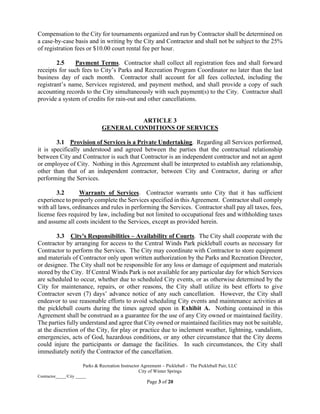 Central Winds Park Pickleball Instructional Programs Agreement | PDF