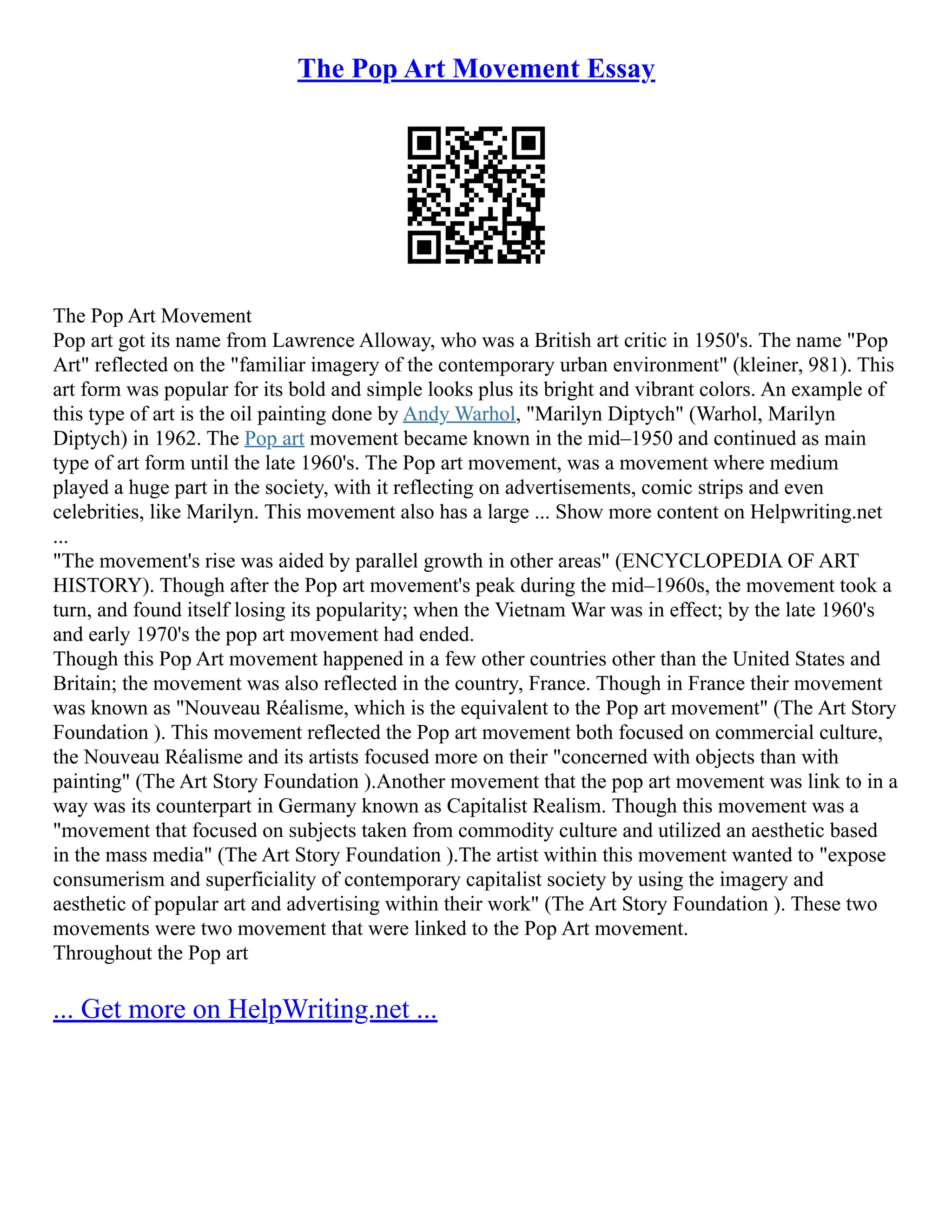 The Pop Art Movement Essay | PDF | Modern Art | Fine Art