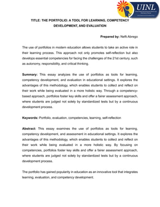The Portfolio: A Tool for Learning, Competency Development, and Evaluation | PDF | Free Download