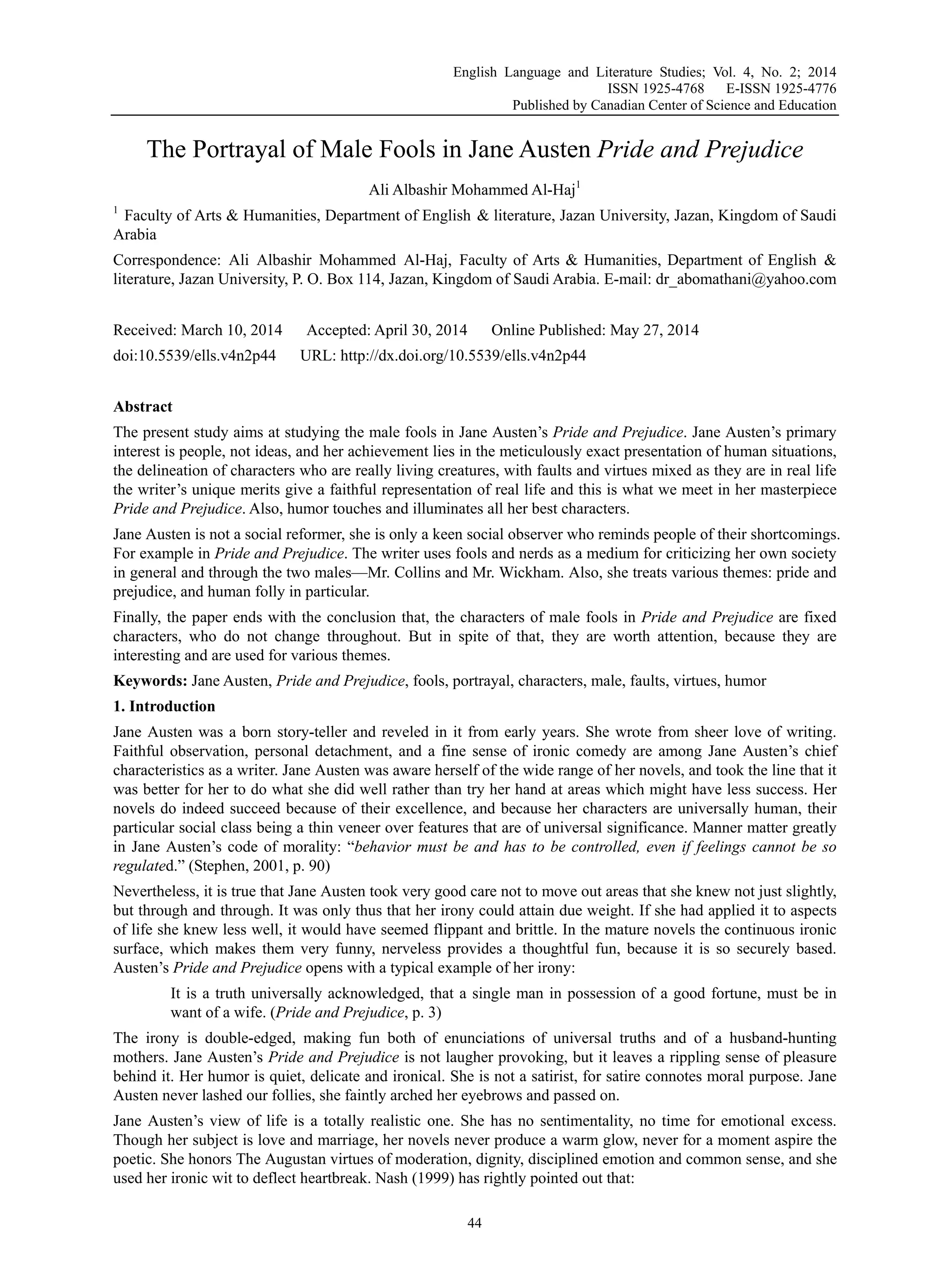 The portrayal of male fools in jane austen pride and prejudice | PDF