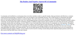 The Positive And Negative Aspects Of A Community | PPT