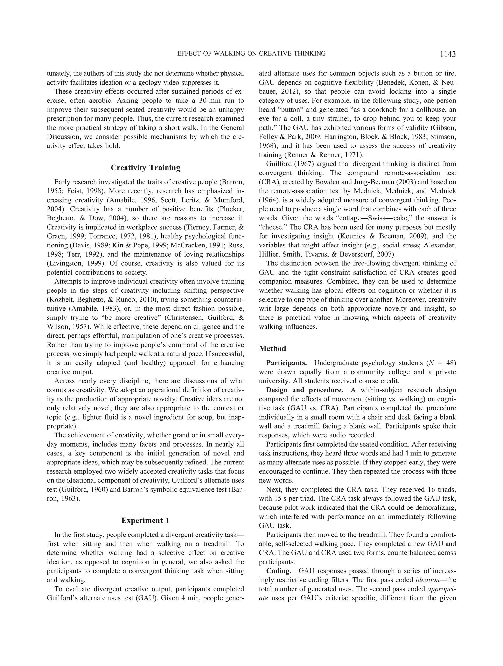 The positive effects of walking on creative thinking | PDF