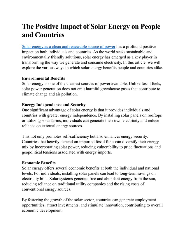 The Positive Impact of Solar Energy on People and Countries | PDF