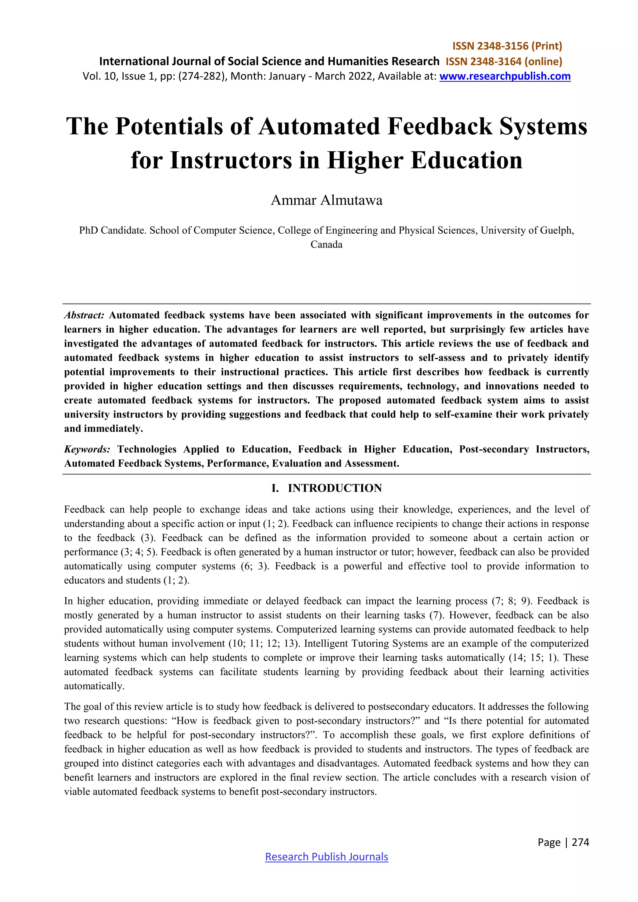 The Potentials of Automated Feedback Systems for Instructors in Higher ...