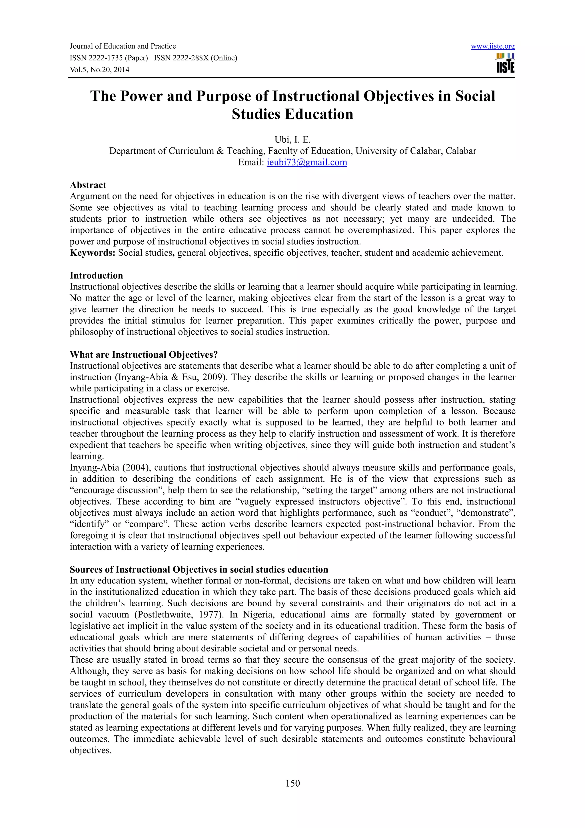 The power and purpose of instructional objectives in social studies ...